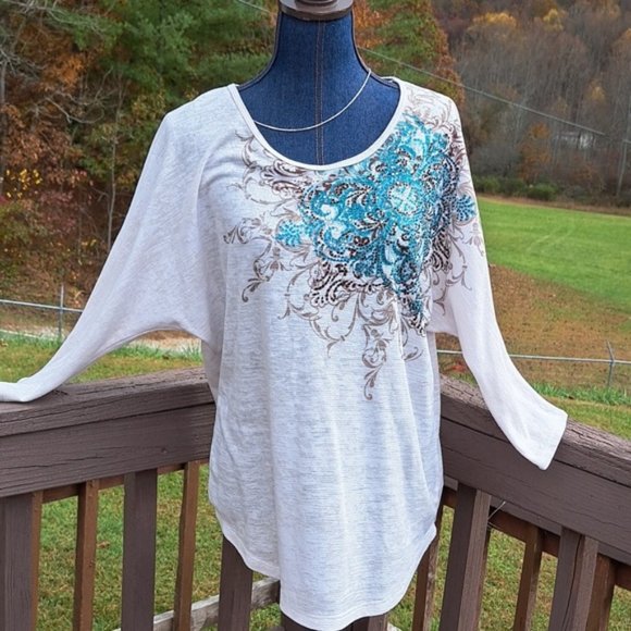 Reba | Tops | Reba Cream Embellished Long Sleeve Top L | Poshmark